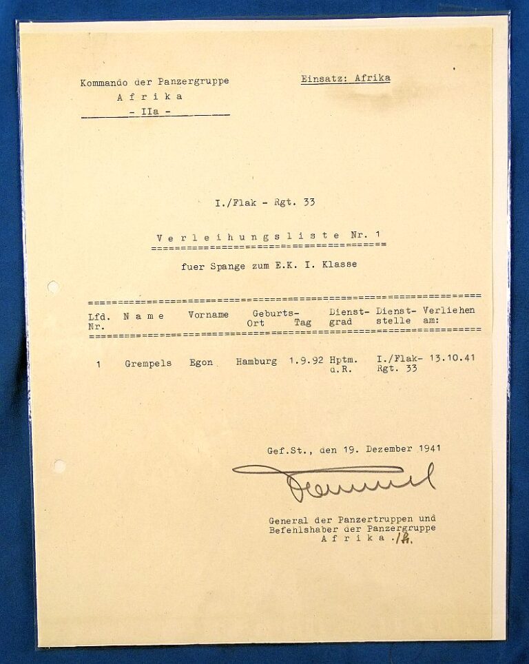 1941 Award Document for the1939 Iron Cross First Class Spange Signed By ...