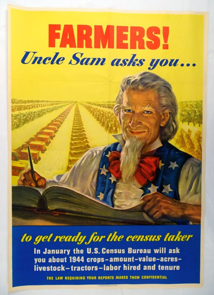 1944 Dated Uncle Same Agricultural Census Poster “Farmers! Uncle Sam ...
