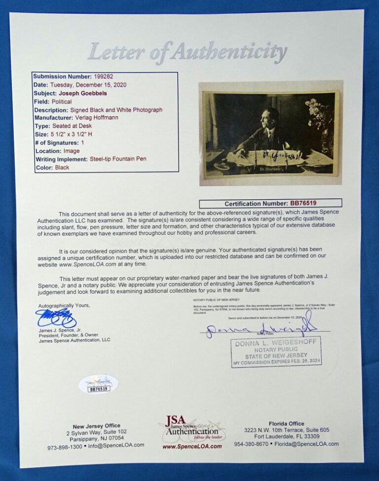 Joseph Goebbels Signed Hoffmann Photograph Postcard with JSA Letter of ...