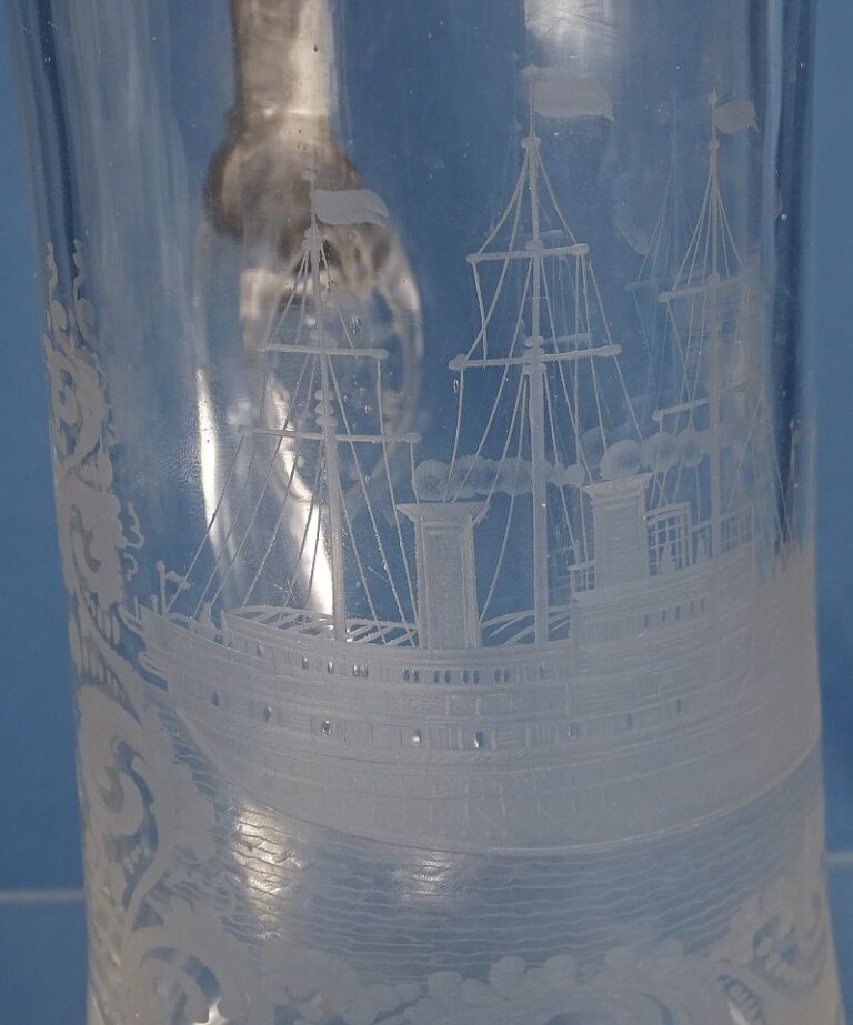 Imperial German Glass Stein With Etched Steamship – Griffin Militaria