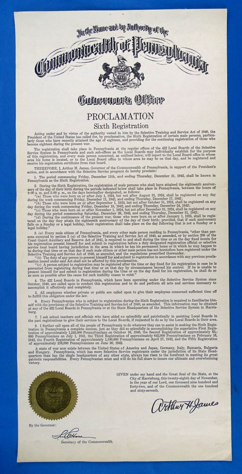 1942 Commonwealth of Pennsylvania Draft Registration Proclamation ...
