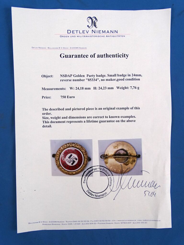 Small NSDAP Golden Party Badge “85334” with Detlev Niemann Certificate ...