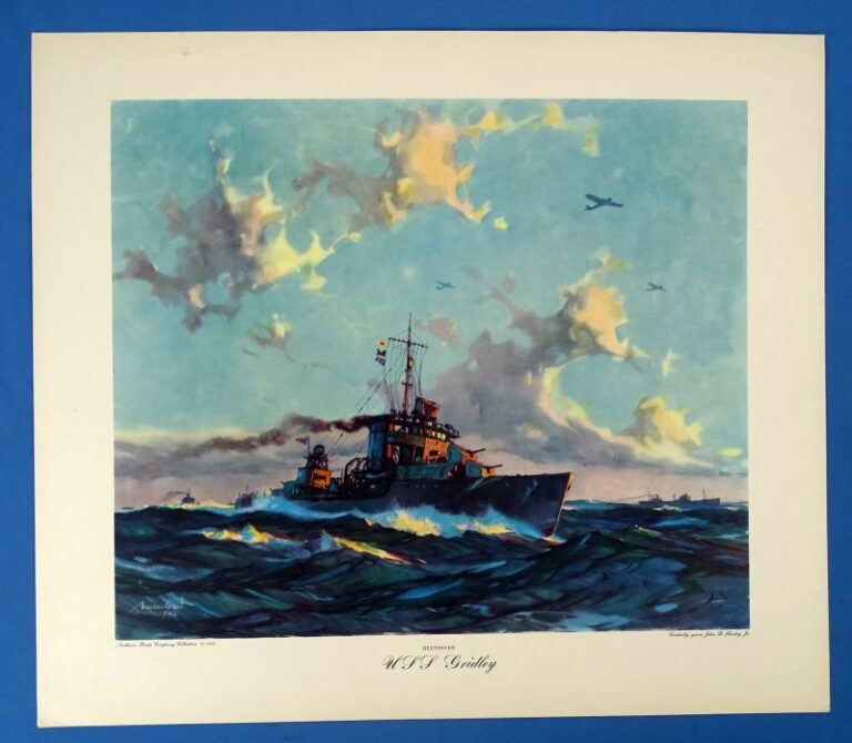 1942 U.S. Navy Ship Print by Gordon Grant: Destroyer USS Gridley ...