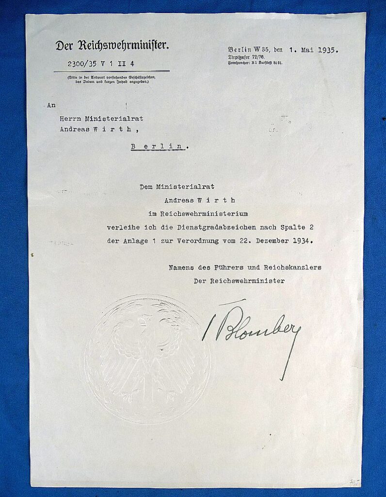 1935 Promotion Document Signed by Reich Minister of War and Armed ...