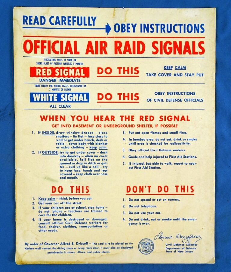 Cold War New Jersey Civil Defense Poster on Air Raid Signals – Griffin ...