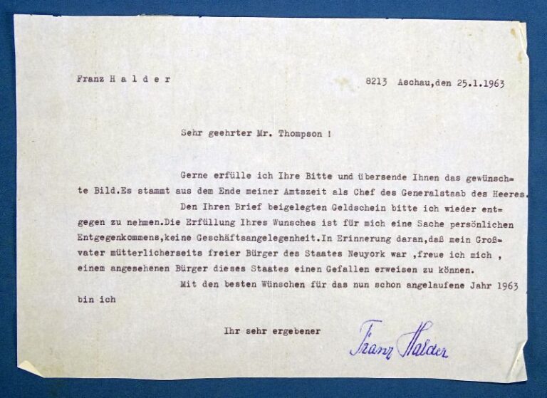 Signed 1963 Letter from Third Reich Army Chief of Staff General Franz ...