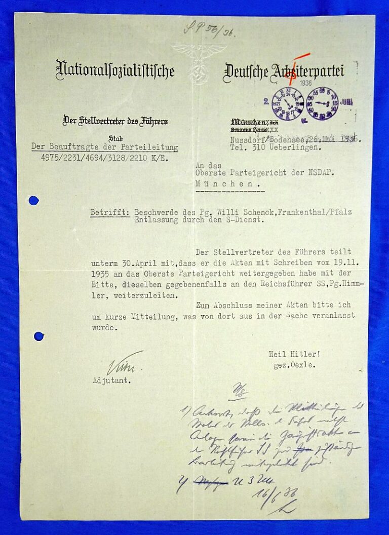 A 1936 Nazi Party Letter from an Office of Rudolf Hess to the Supreme ...