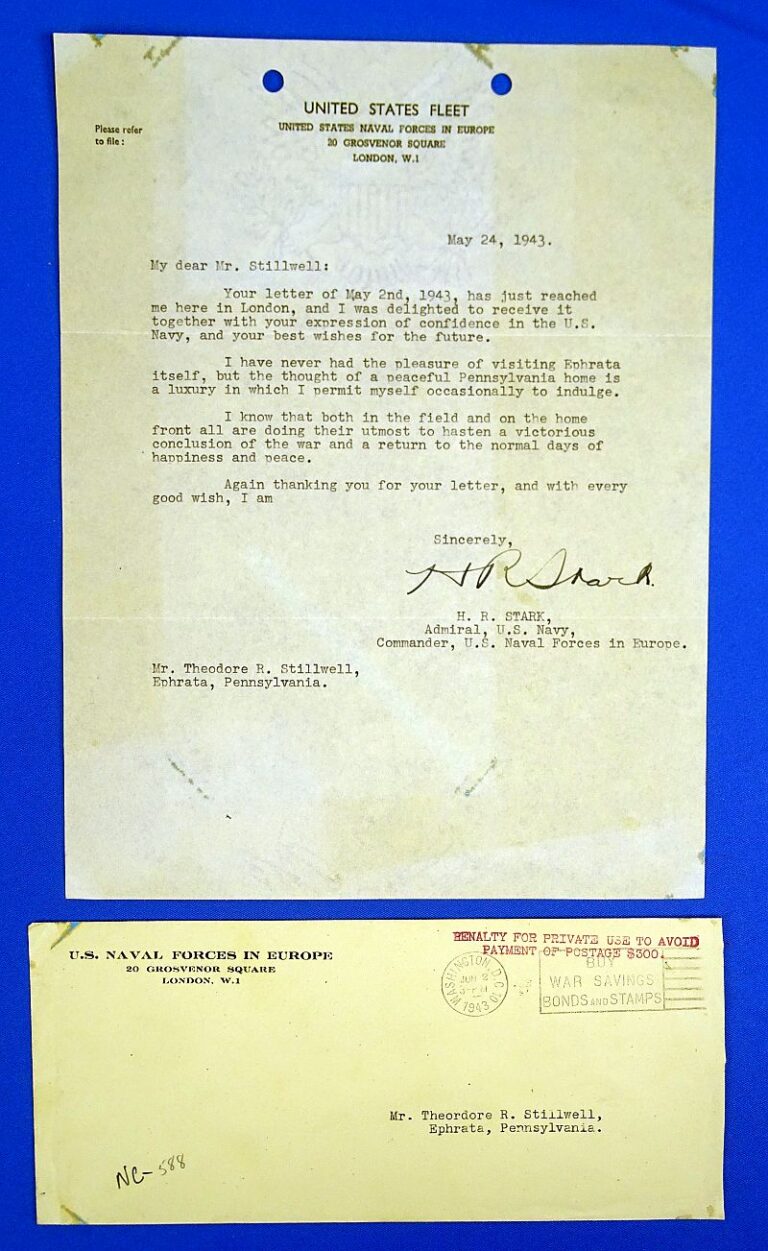 1943 Letter from U.S. Navy European Theater Commander Admiral Harold ...