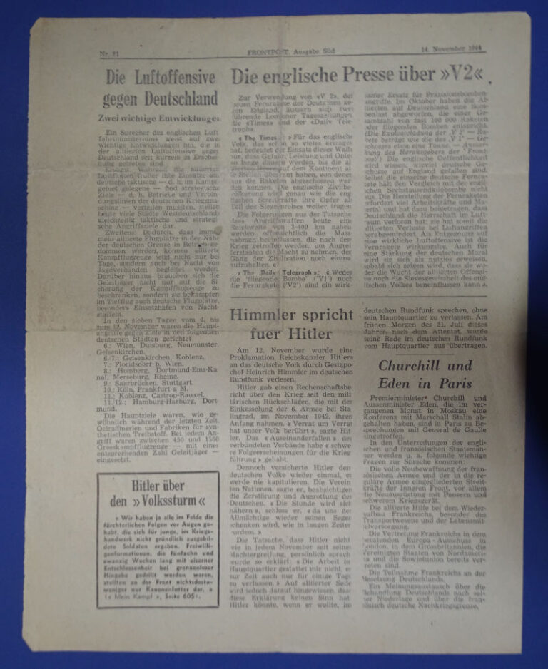 WWII News Paper Format “Frontpost” 14 Nov 1944 Leaflet / 8 x 10 ...
